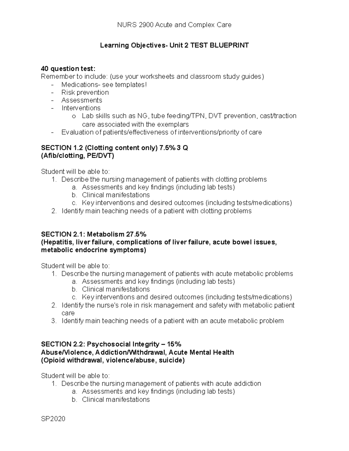 Test 2 Blueprint Sp20 - Outline of Acute nursing topics - NURS 2900 ...