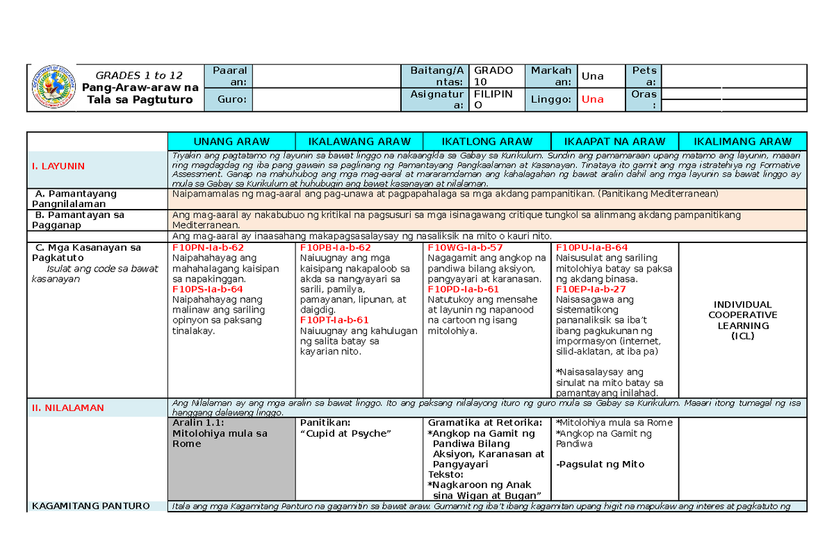 1 DLL IN Filipino 10. Aralin 1 - GRADES 1 to 12 Pang-Araw-araw na Tala ...
