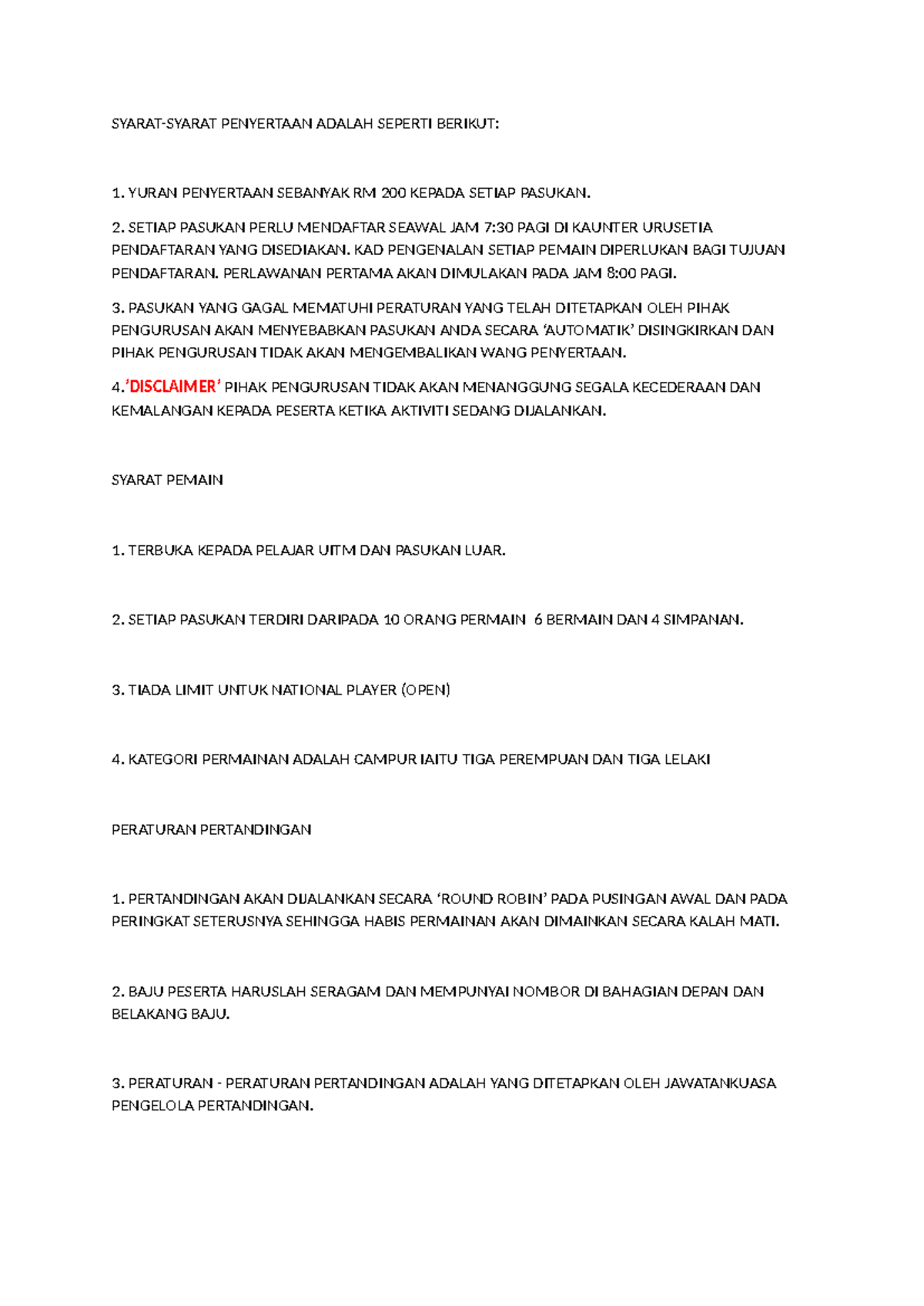 Rules dodgeball - EXAMPLE - SYARAT-SYARAT PENYERTAAN ADALAH SEPERTI BERIKUT: 1. YURAN PENYERTAAN ...