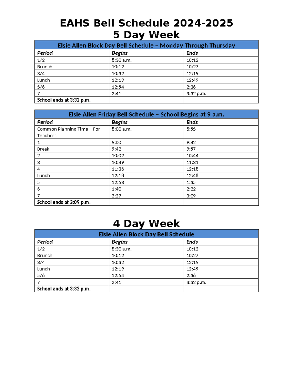 Elsie Allen Bell Schedule 2024-2025 - EAHS Bell Schedule 2024- 5 Day ...