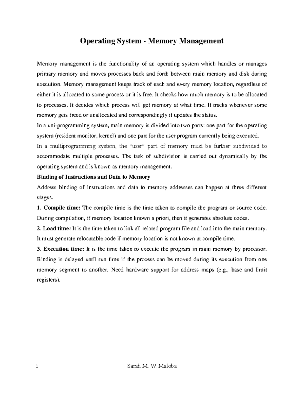 Memory Management - .... - Operating System - Memory Management Memory management is the - Studocu