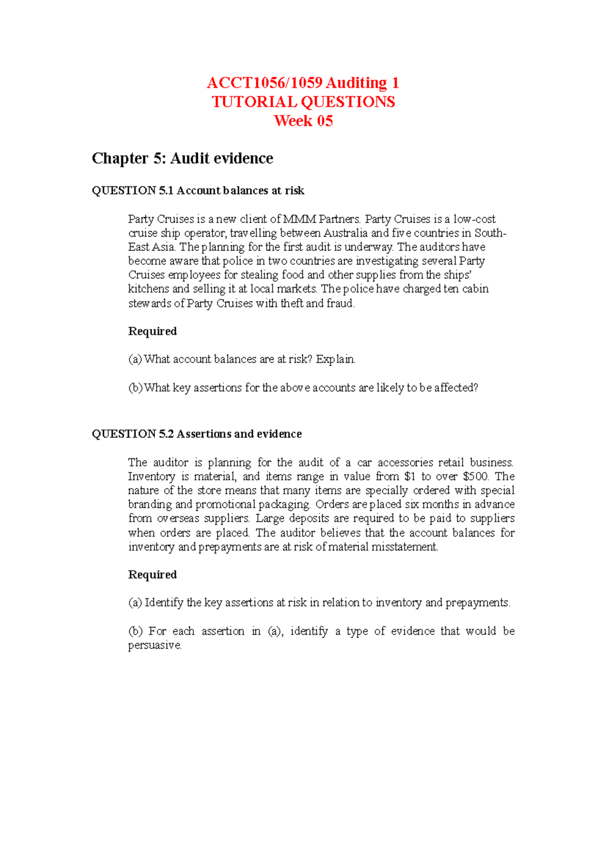 Tutorial Questions - ACCT1056/1059 Auditing 1 TUTORIAL QUESTIONS Week ...