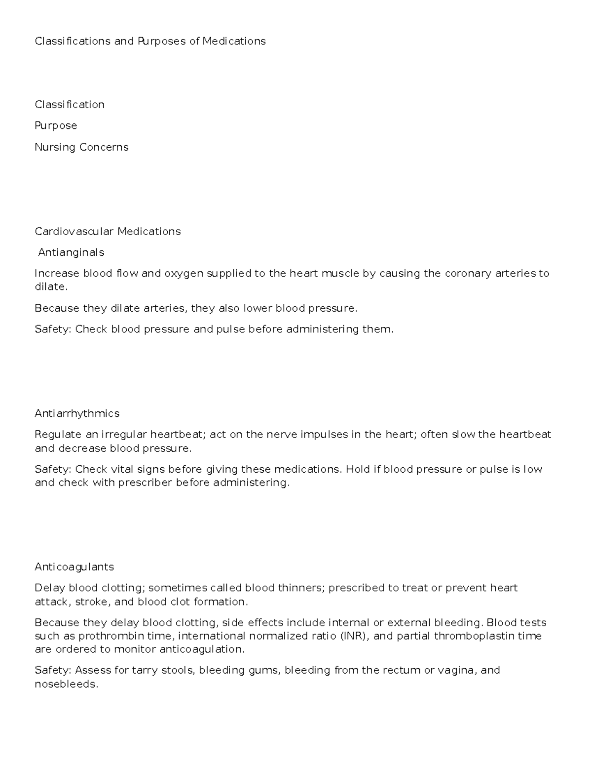 Medication notes - Classifications and Purposes of Medications ...