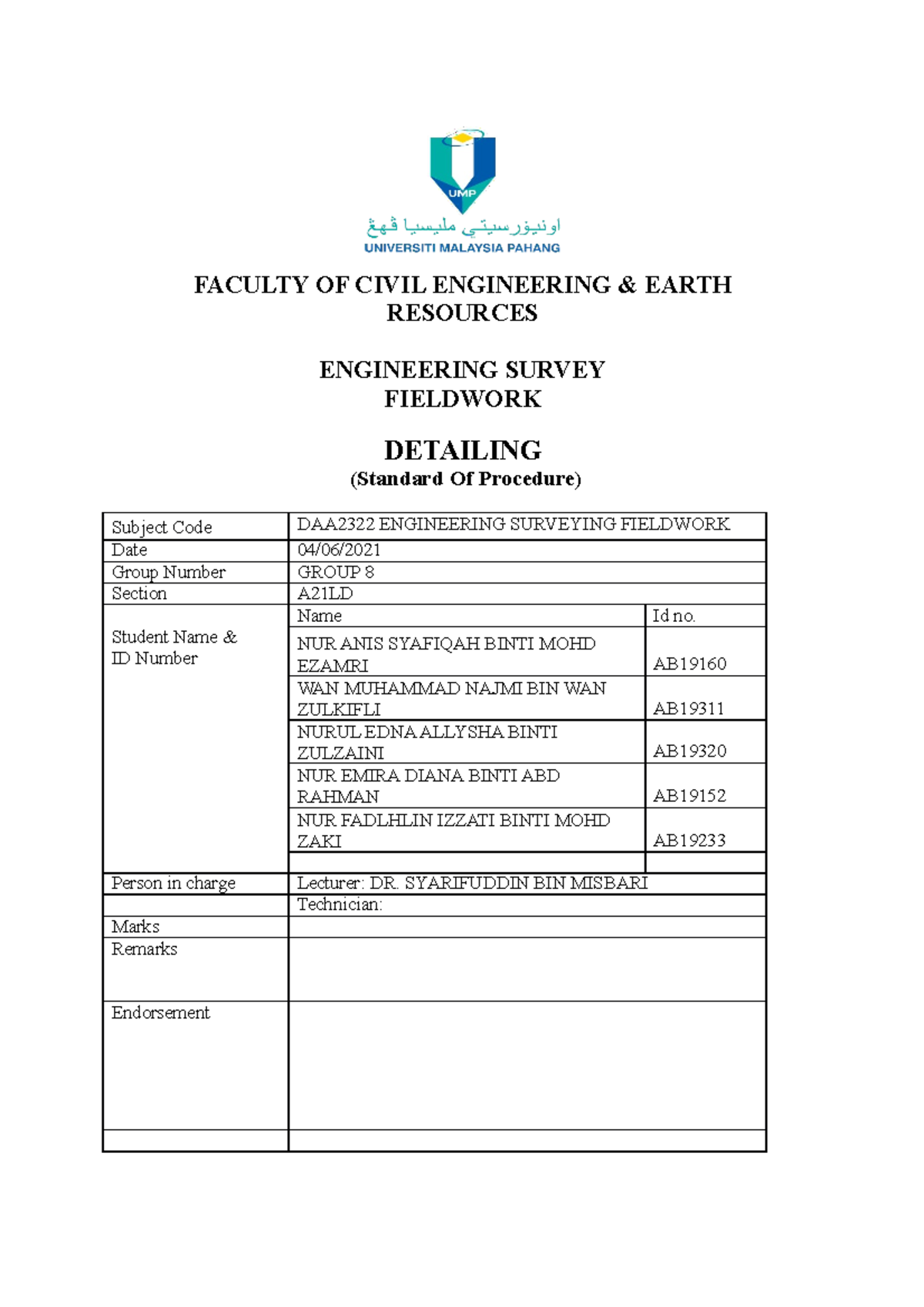 Report Detailing Engineering Surveying - FACULTY OF CIVIL ENGINEERING ...