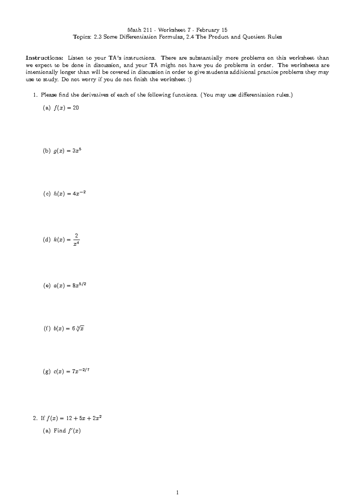 Worksheet 7 - Math 211 - Worksheet 7 - February 15 Topics: 2 Some ...