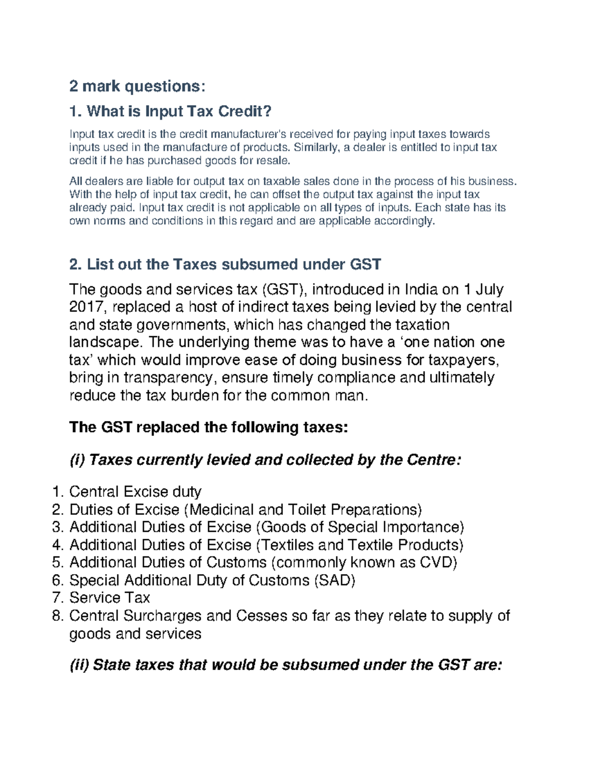 GST Question Answer-converted - 2 mark questions: ####### 1. What is ...