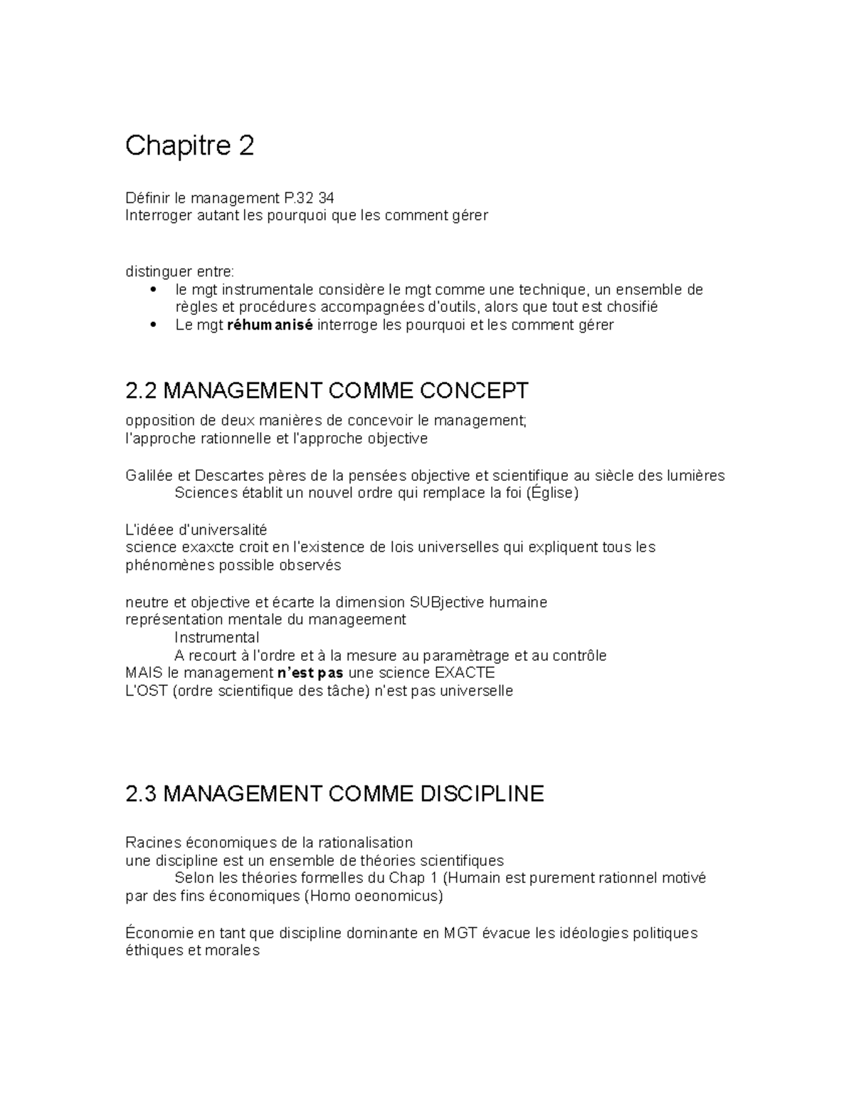Note de cours chapitre 2 - Chapitre 2 Définir le management P 34 ...