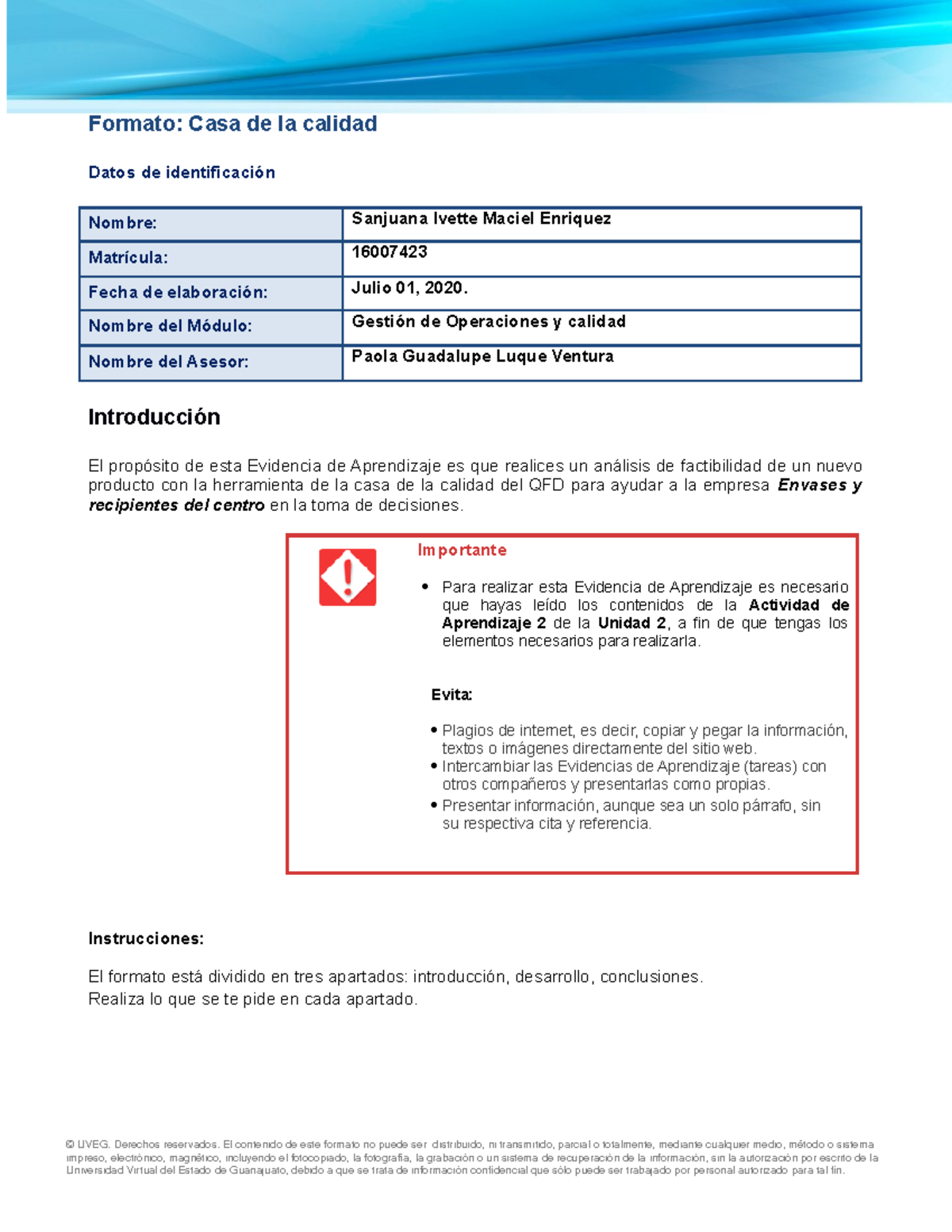 Maciel Ivette Casa Calidad - Formato: Casa de la calidad Datos de ...