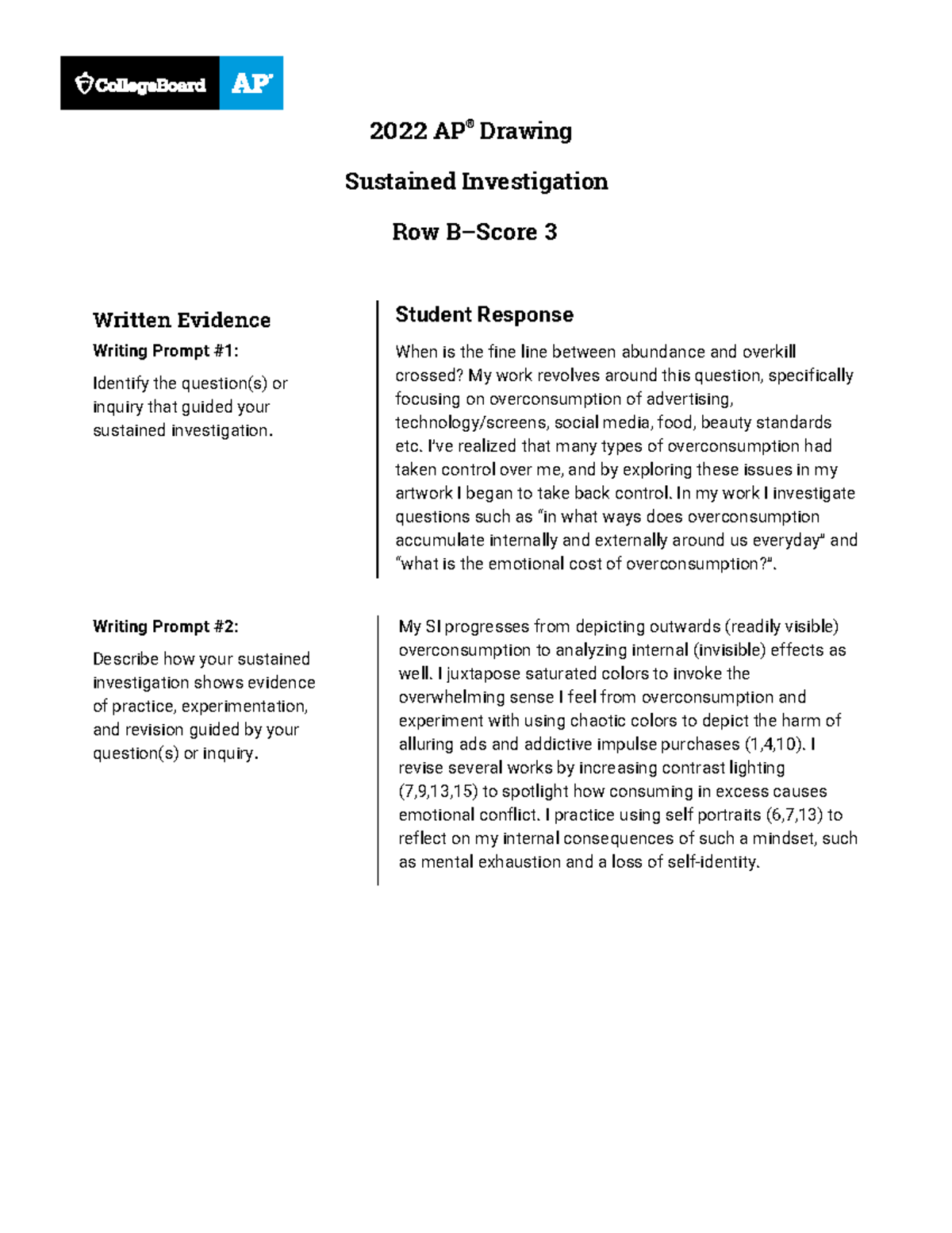Ap22 art and design drawing sustained investigation row b score 3 ...