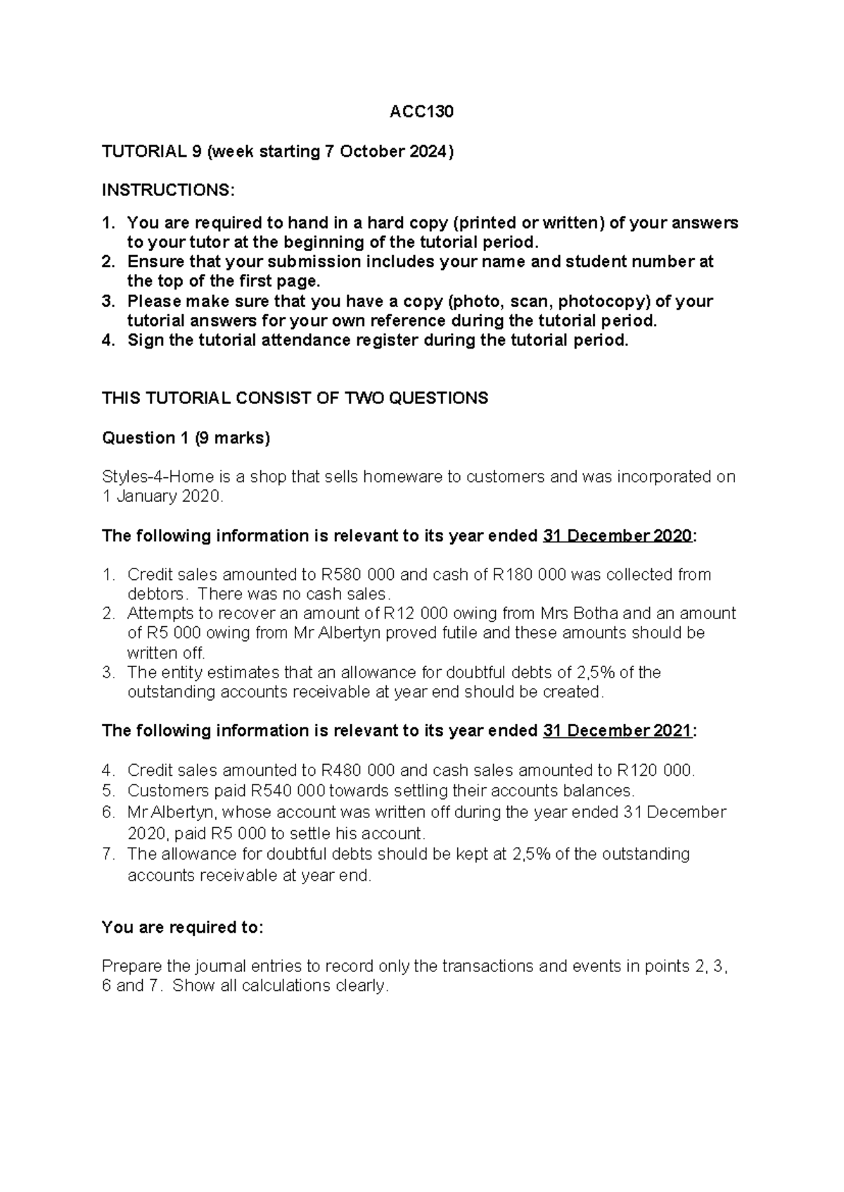 Accounting Tutorial 9 - ACC TUTORIAL 9 (week starting 7 October 2024 ...
