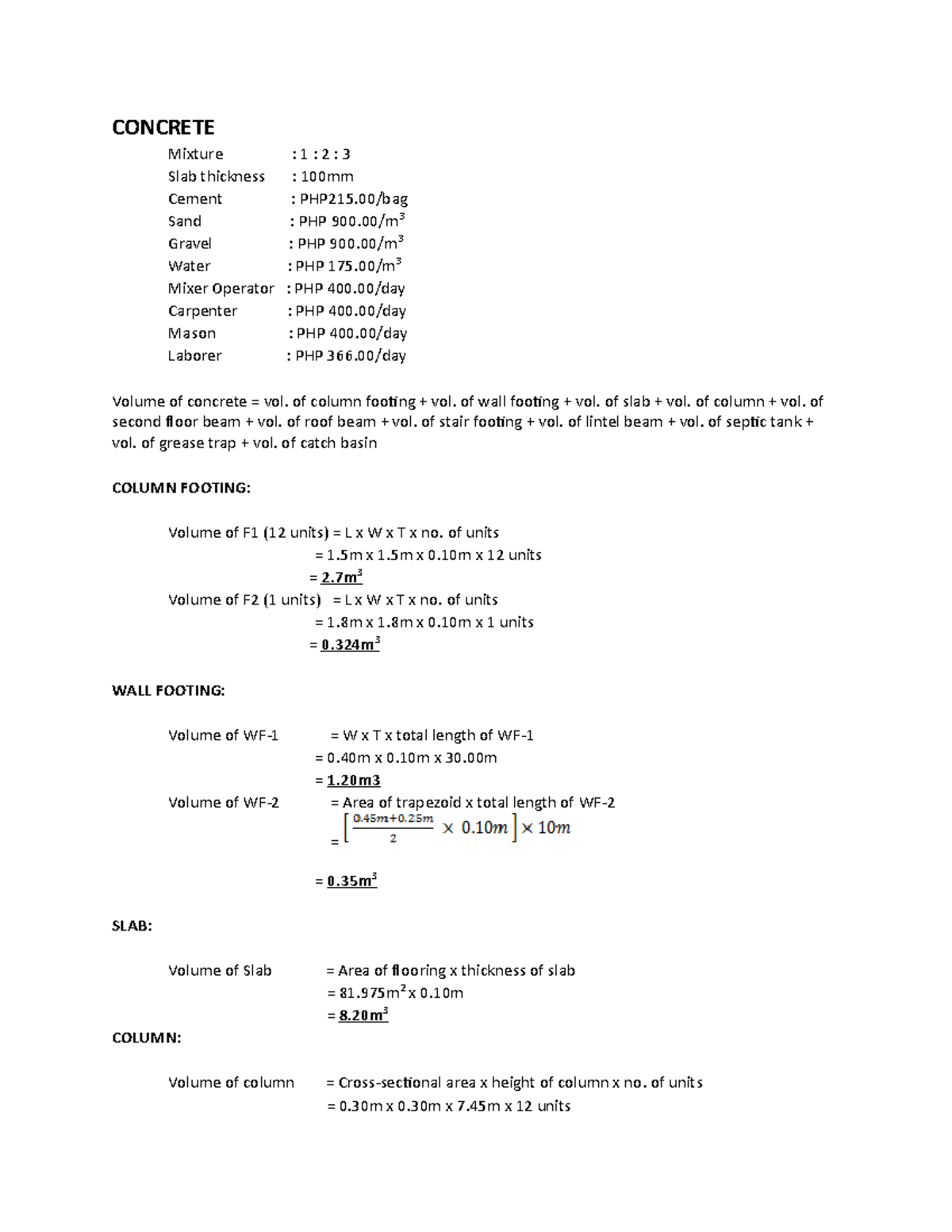 Quota 2 - CONCRETE Mixture Slab thickness Cement Sand Gravel Water ...