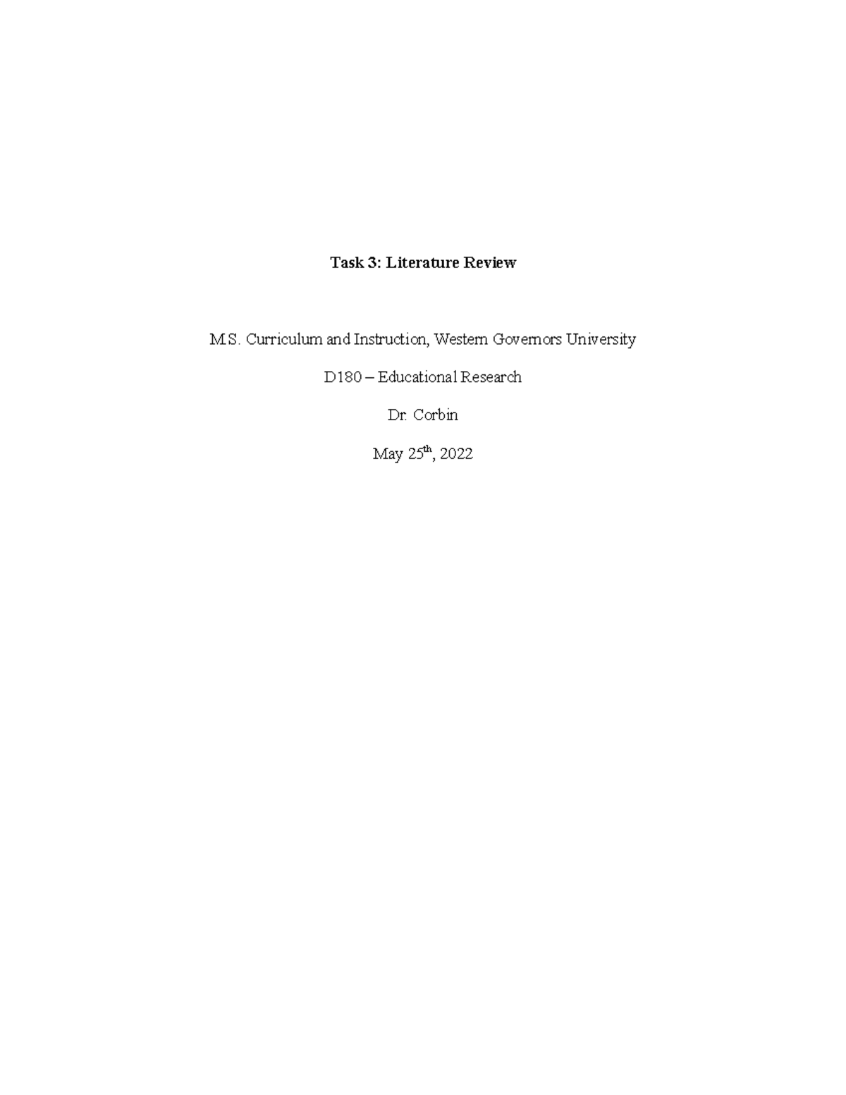 Task 3 - Task 3 - Task 3: Literature Review M. Curriculum and ...