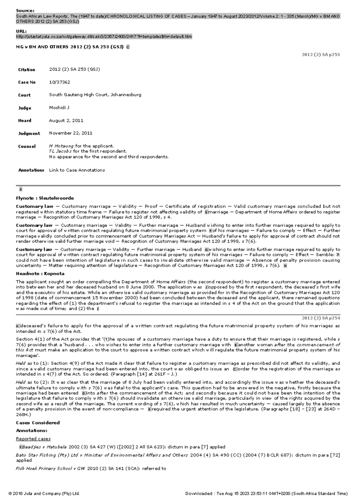MG v BM AND Others 2012 (2) SA 253 (GSJ) - Source: South African Law ...