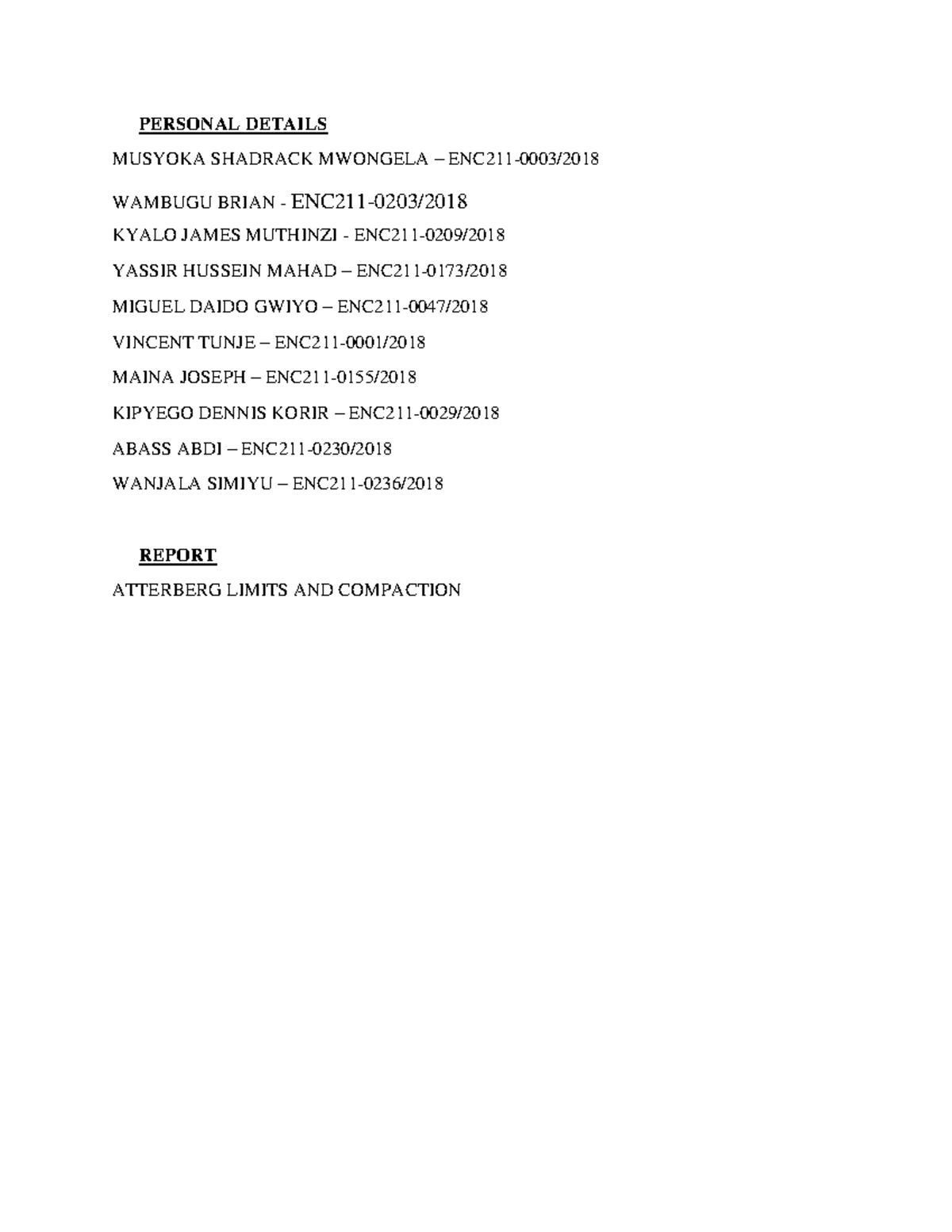 Atterberg Limits and Compaction Report - PERSONAL DETAILS REPORT MUSYOKA SHADRACK MWONGELA ...