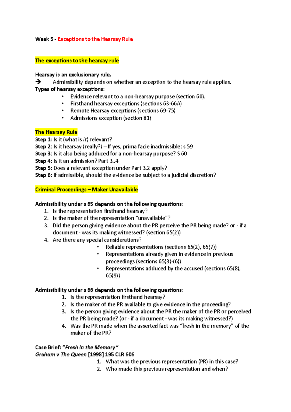 Week 5 - prac - Week 5 - Exceptions to the Hearsay Rule The exceptions ...