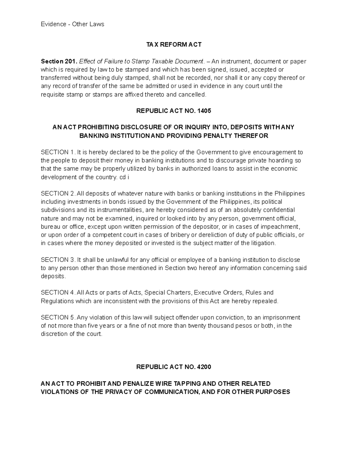 Evidence Notes Exclusionary Rules - TAX REFORM ACT Section 201. Effect ...