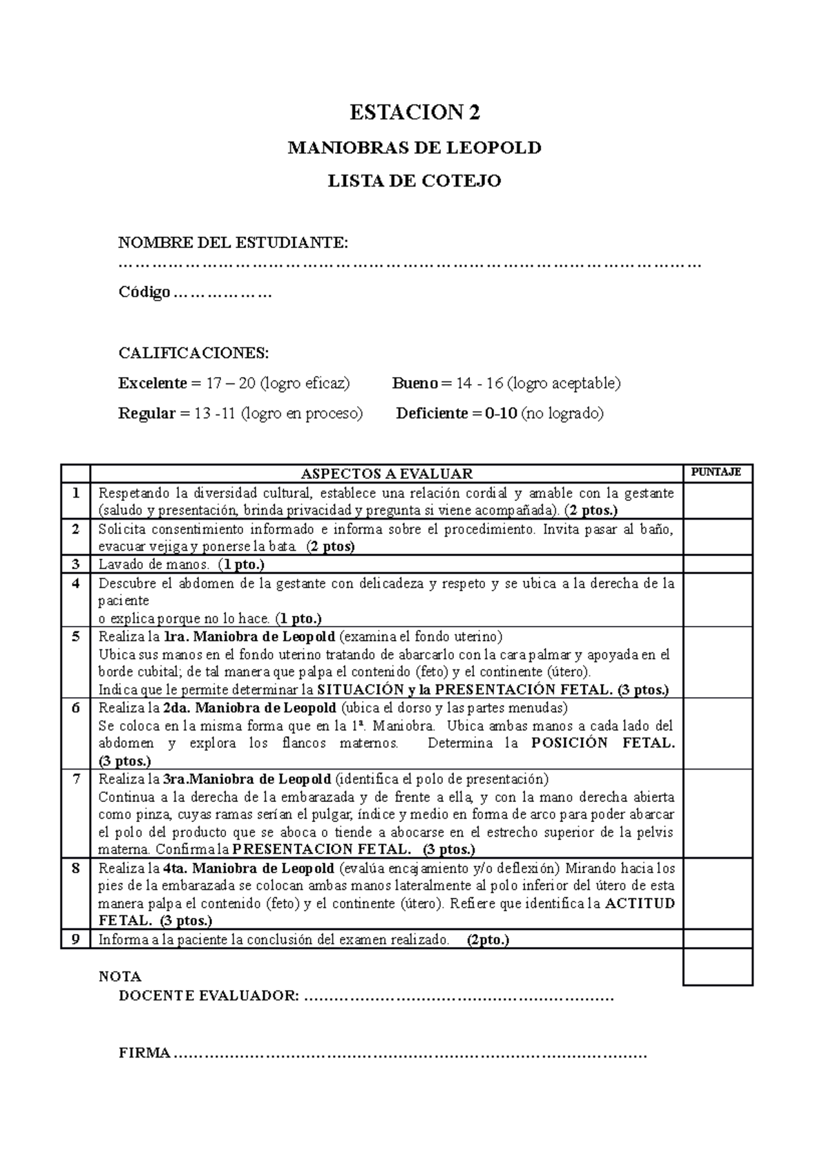 Estacion 2- Alumno - Guía de estación ECOE OBSTETRICIA 1 - ESTACION 2 ...