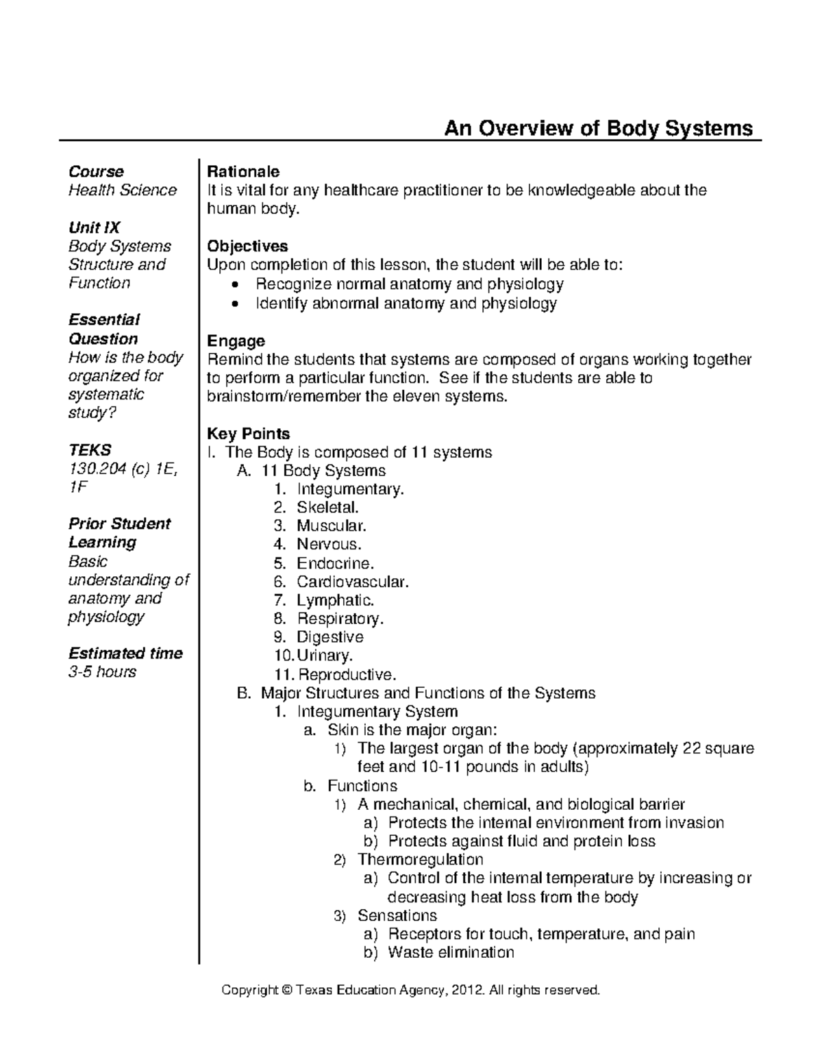 09 overview body systems - An Overview of Body Systems Course Health ...