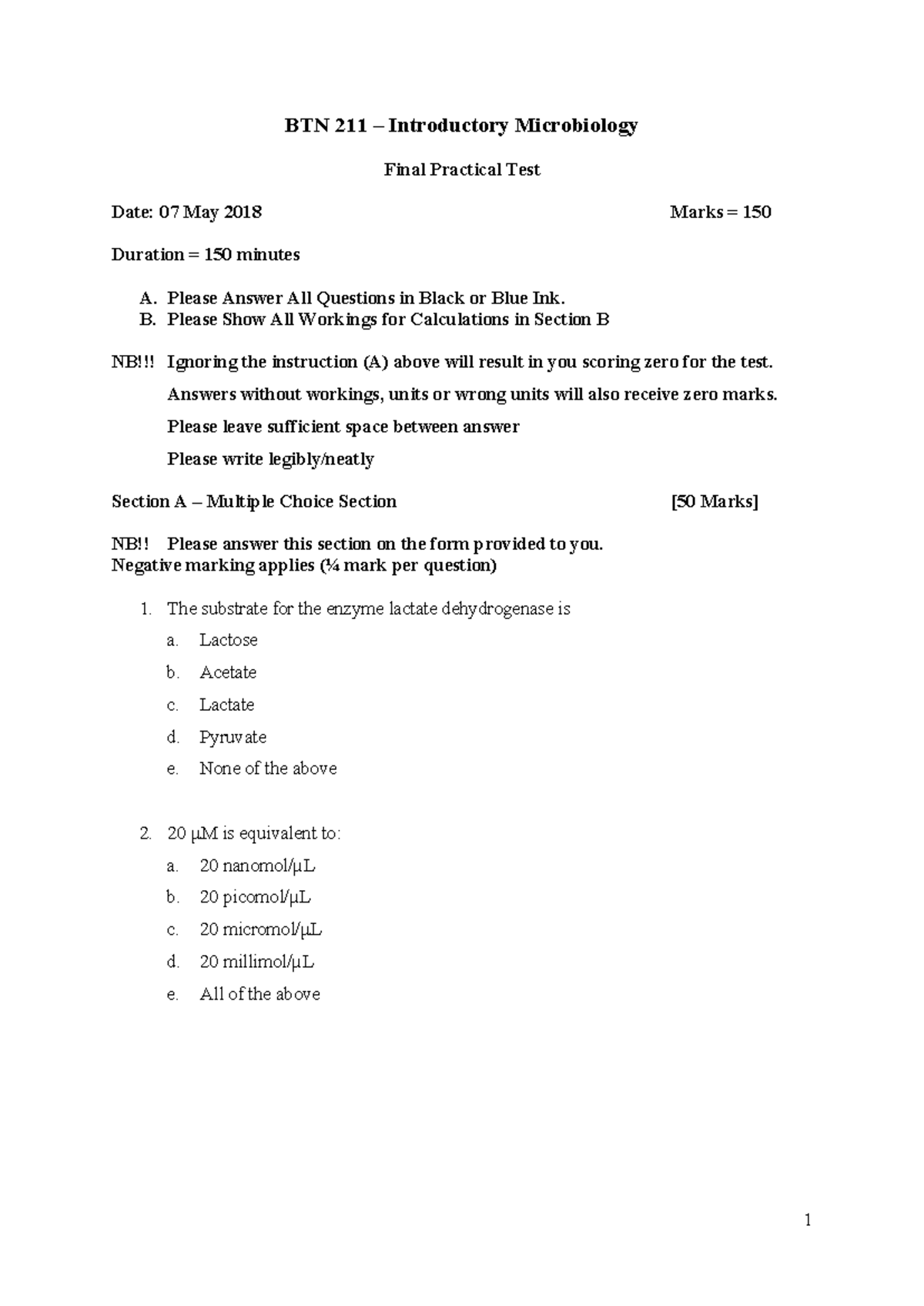 BTN 211 Final Practical Test 2018 - BTN 211 – Introductory Microbiology ...
