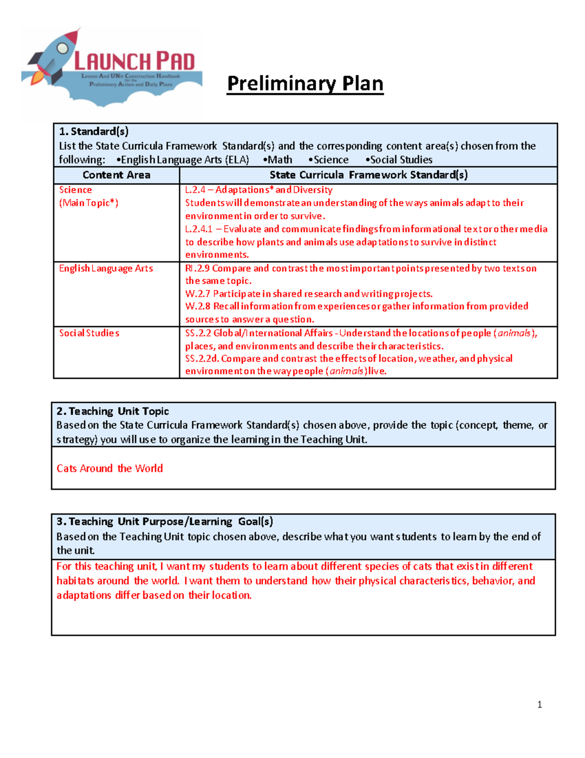 Cats Lesson Plan Example for EDU 301 Final Project - Preliminary Plan 2 ...