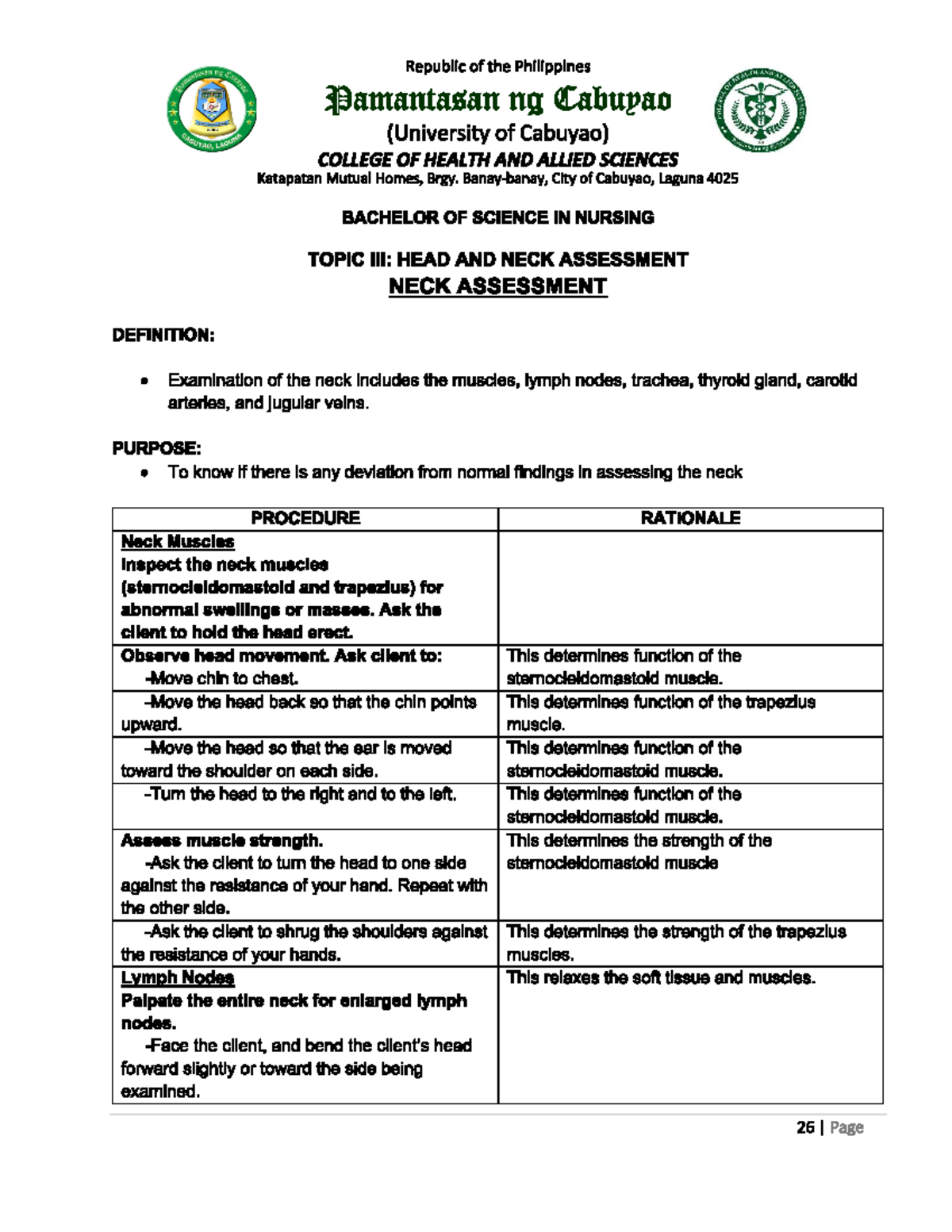 Head and Neck Checklist - Health Assessment - Studocu
