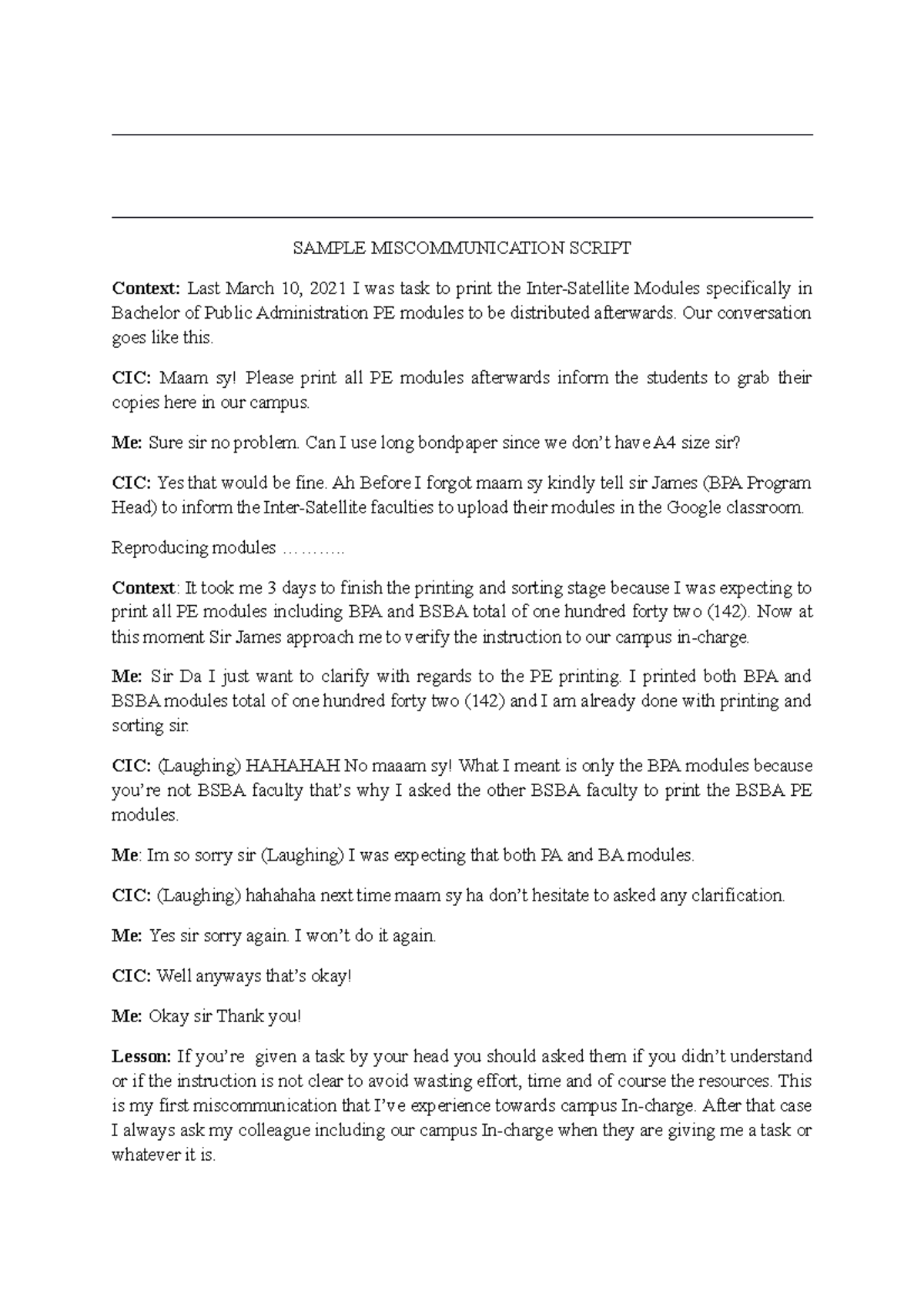 Miscommunication Script - SAMPLE MISCOMMUNICATION SCRIPT Context: Last ...