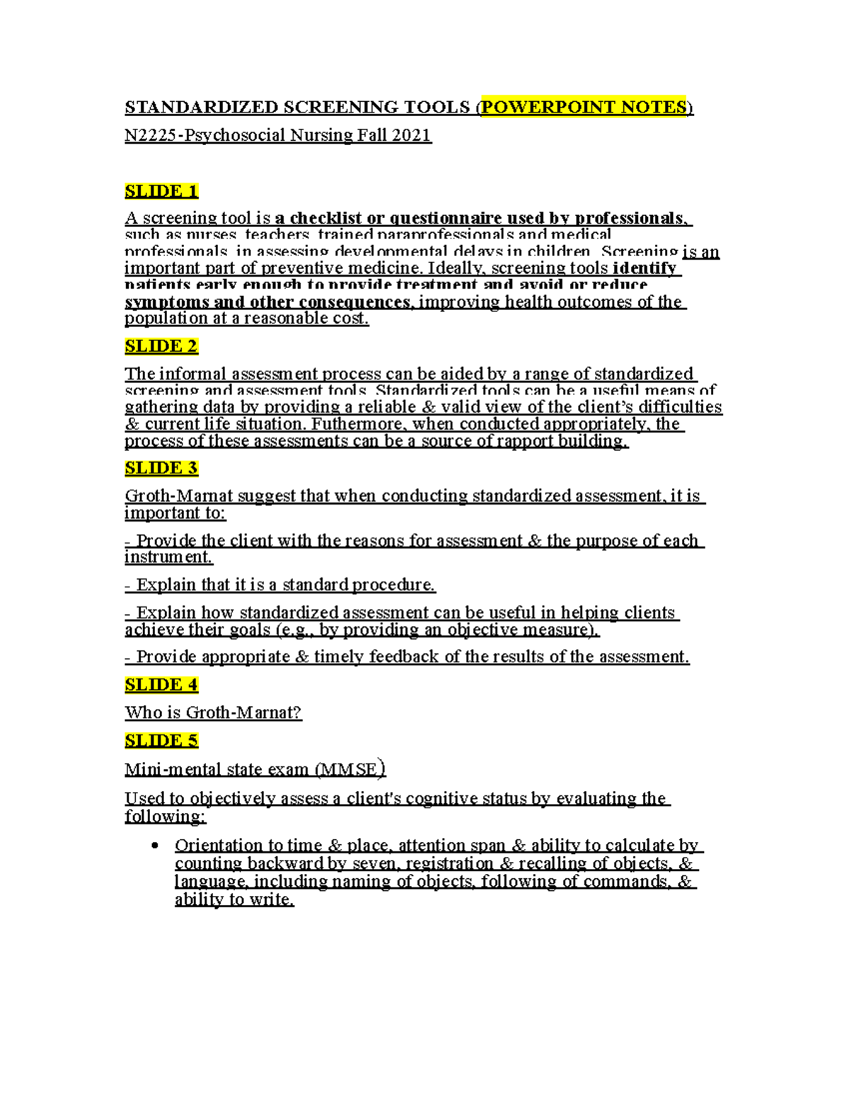homework/psychology notes from lecture 4 - STANDARDIZED SCREENING TOOLS ...