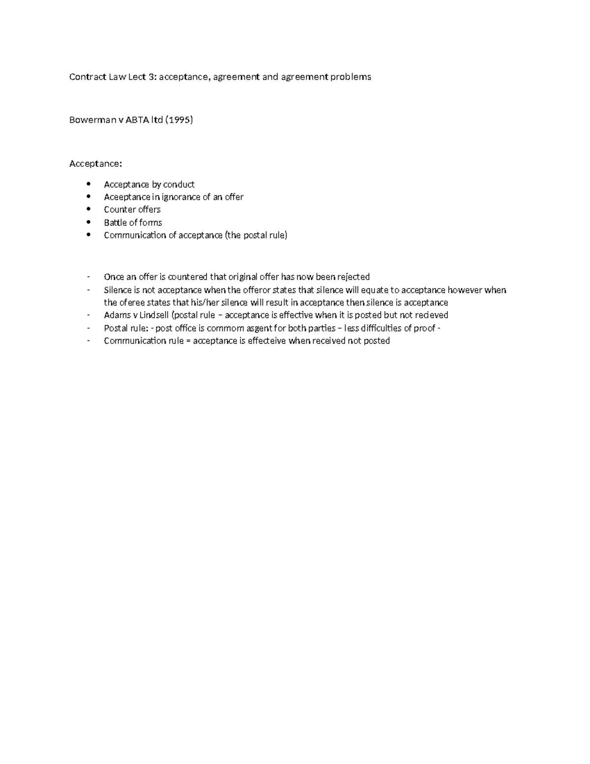 Public Law Lecture 3 - Contract Law Lect 3: acceptance, agreement and agreement problems ...