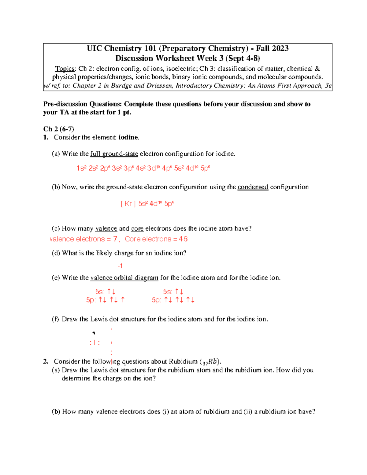 Chm101F23Dis Wk 3 - this is it - Pre-discussion Questions: Complete ...