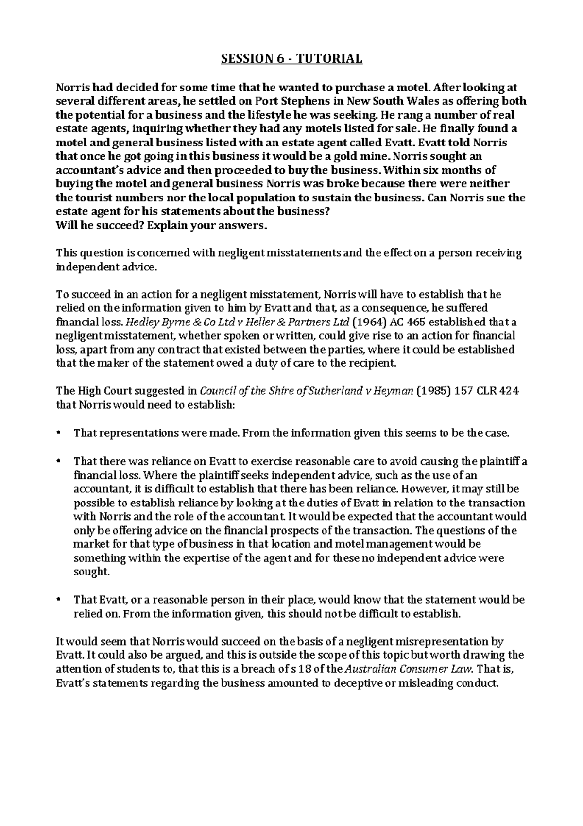 HI6027 Tutorial Session 6 - SESSION 6 - TUTORIAL Norris had decided for some time that he wanted ...