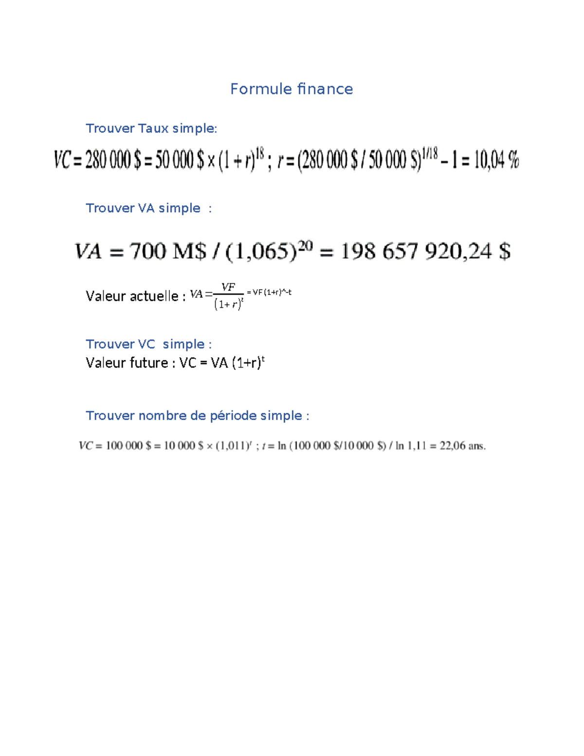 Formule-finance 2 - FORMULES - Formule finance Trouver Taux simple: Trouver VA simple : Valeur ...