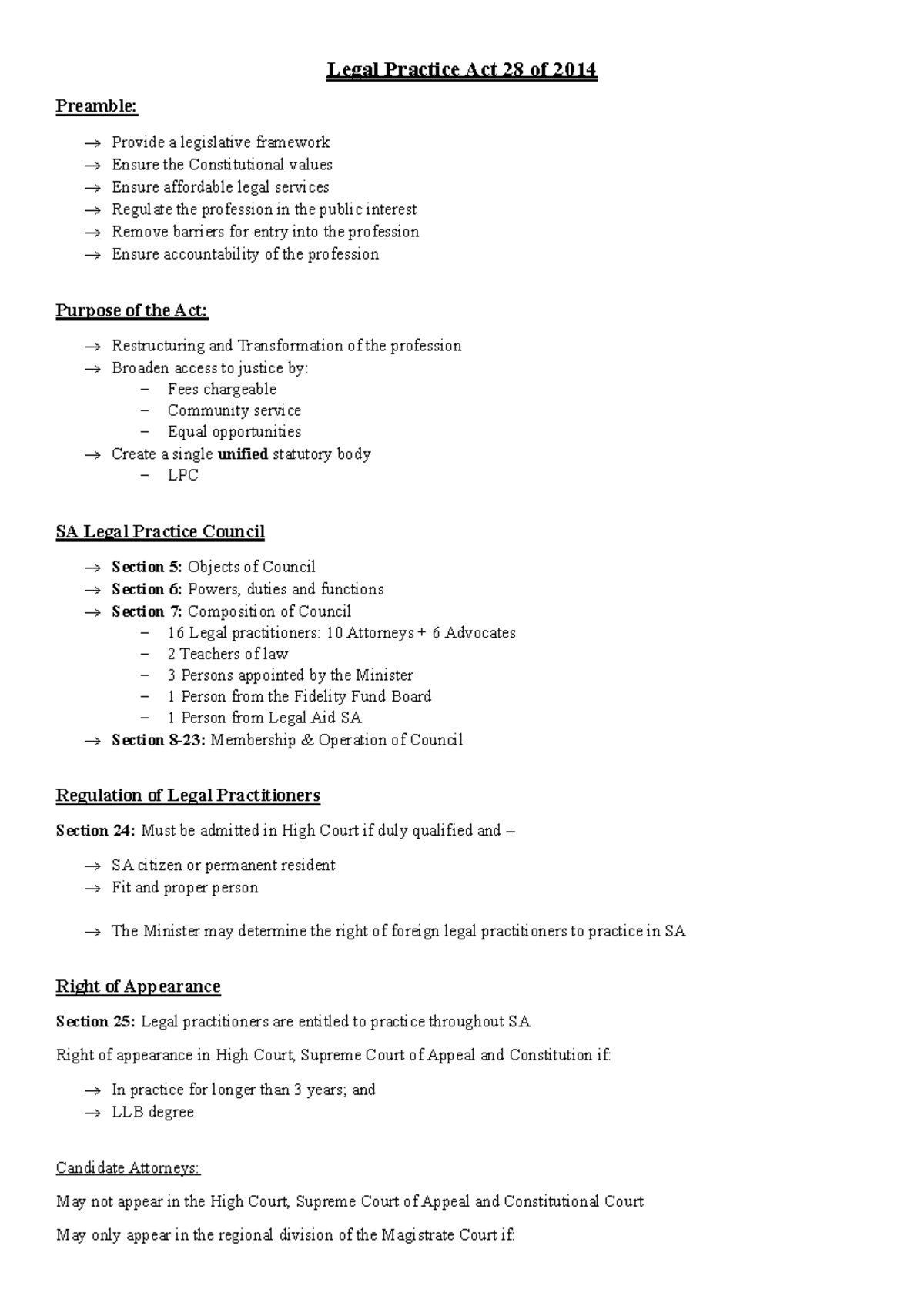 Test 1 Notes for RPK - Legal Practice Act 28 of 2014 Preamble: → ...