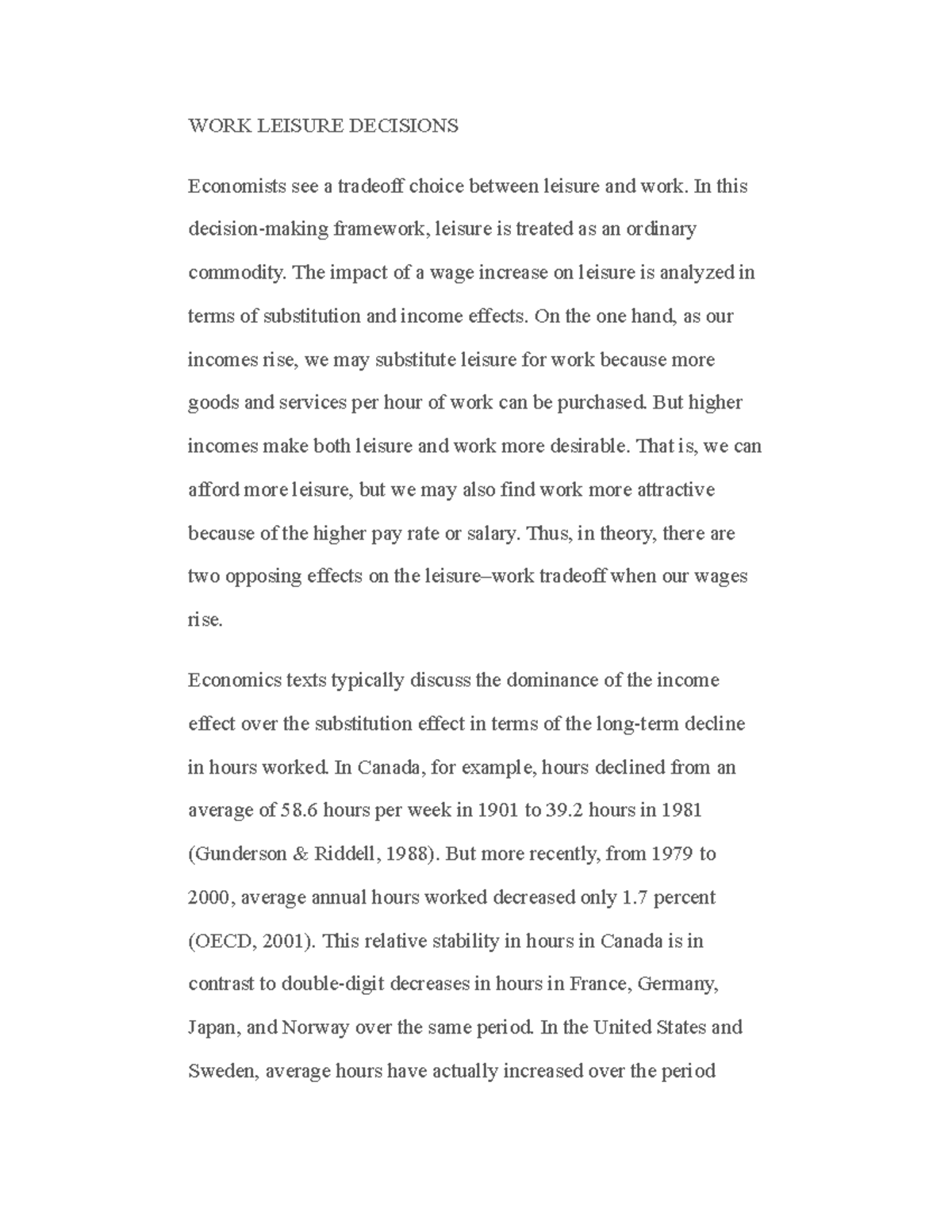 Chapt 3 Notes - WORK LEISURE DECISIONS Economists see a tradeoff choice ...