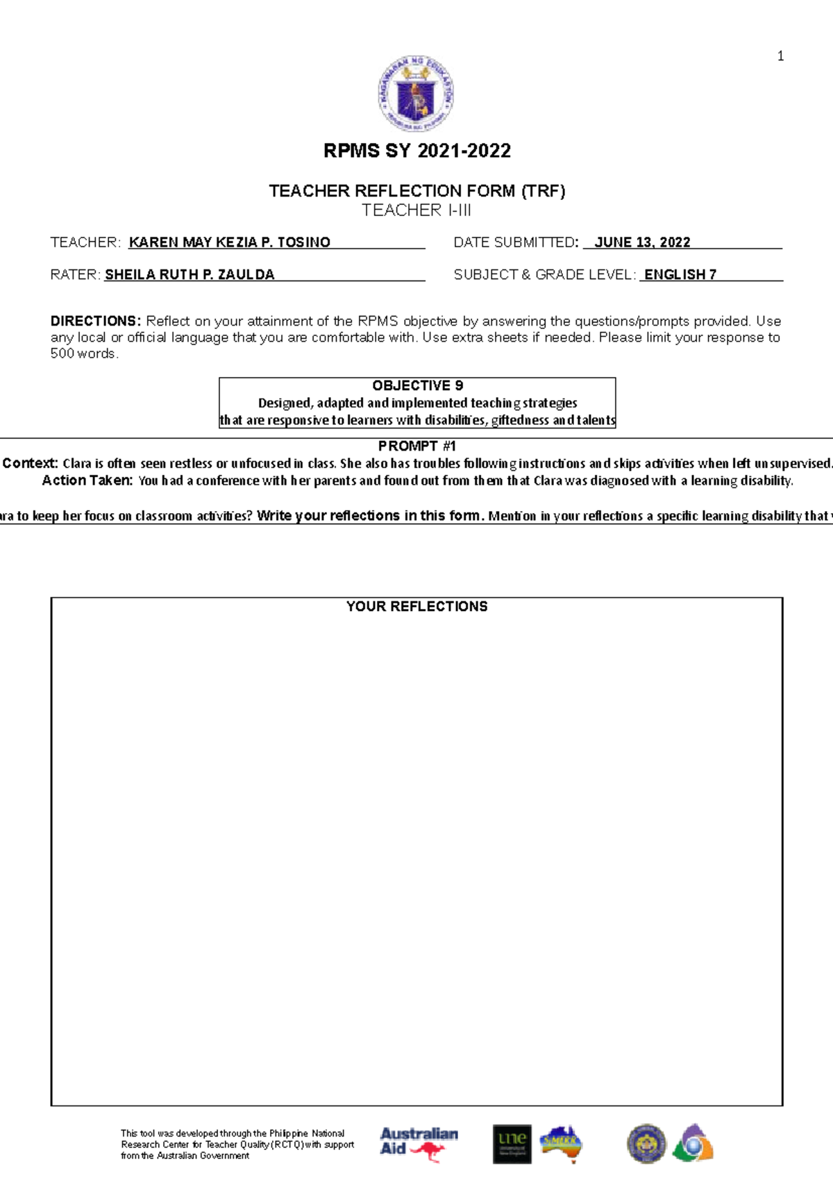 Appendix 4A Teacher Reflection Form for T I III for RPMS SY 2021 2022 - This tool was developed ...