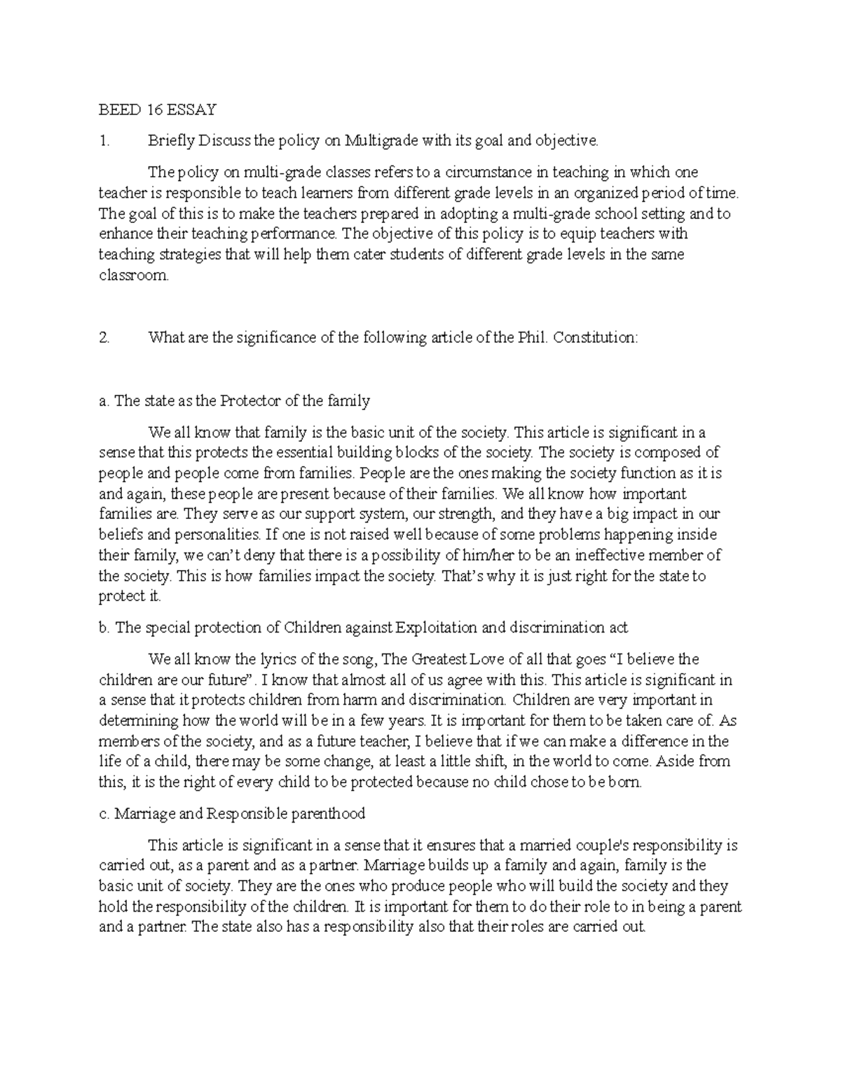 BEED 16 Essay - Lecture notes in BEED 16. - BEED 16 ESSAY Briefly ...