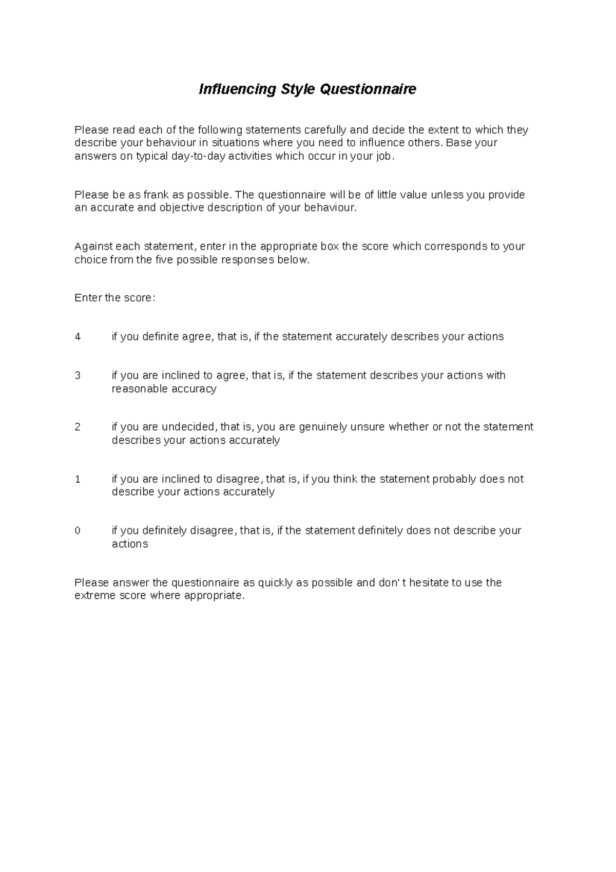 2. Influencing Style Questionnaire - Influencing Style Questionnaire ...