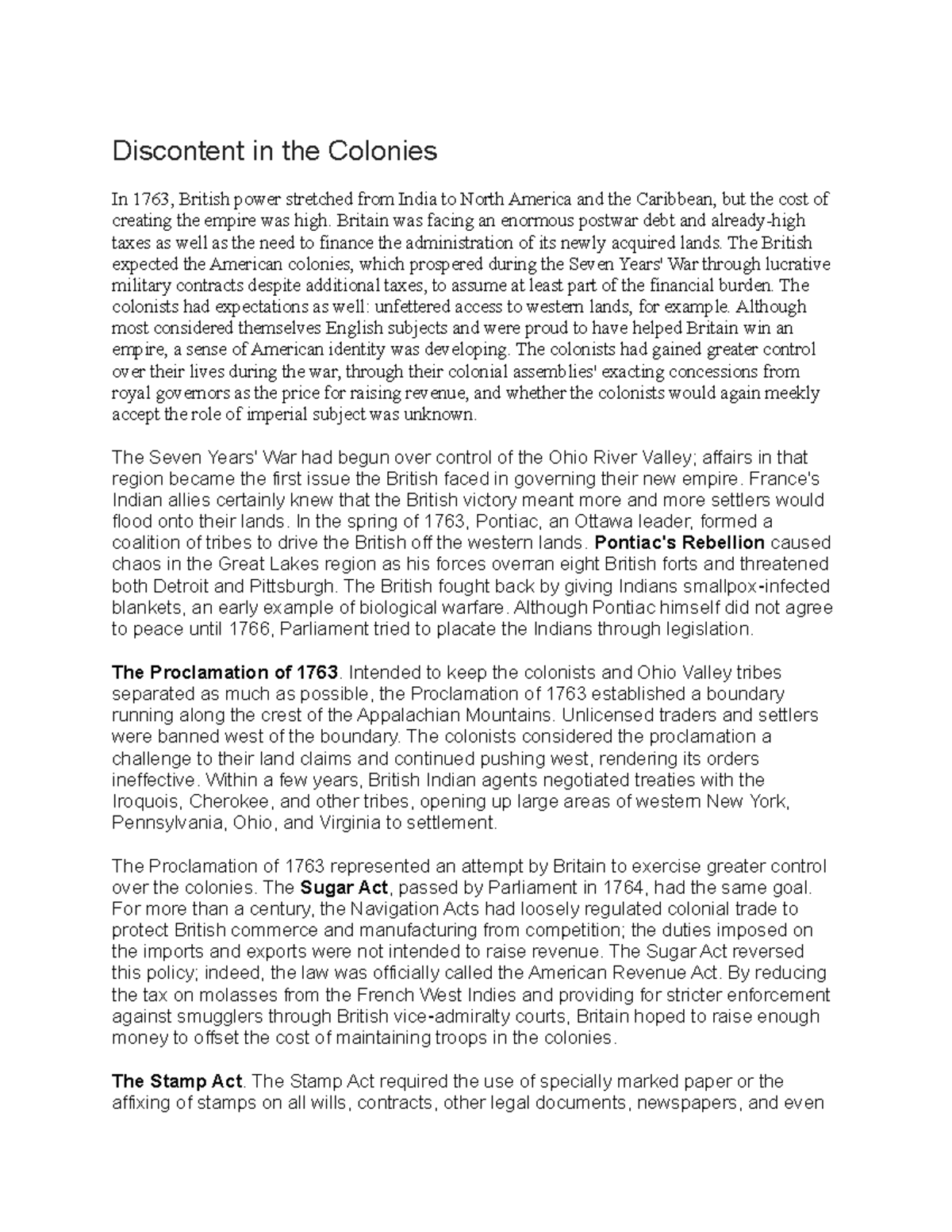 210 - history notes - Discontent in the Colonies In 1763, British power ...
