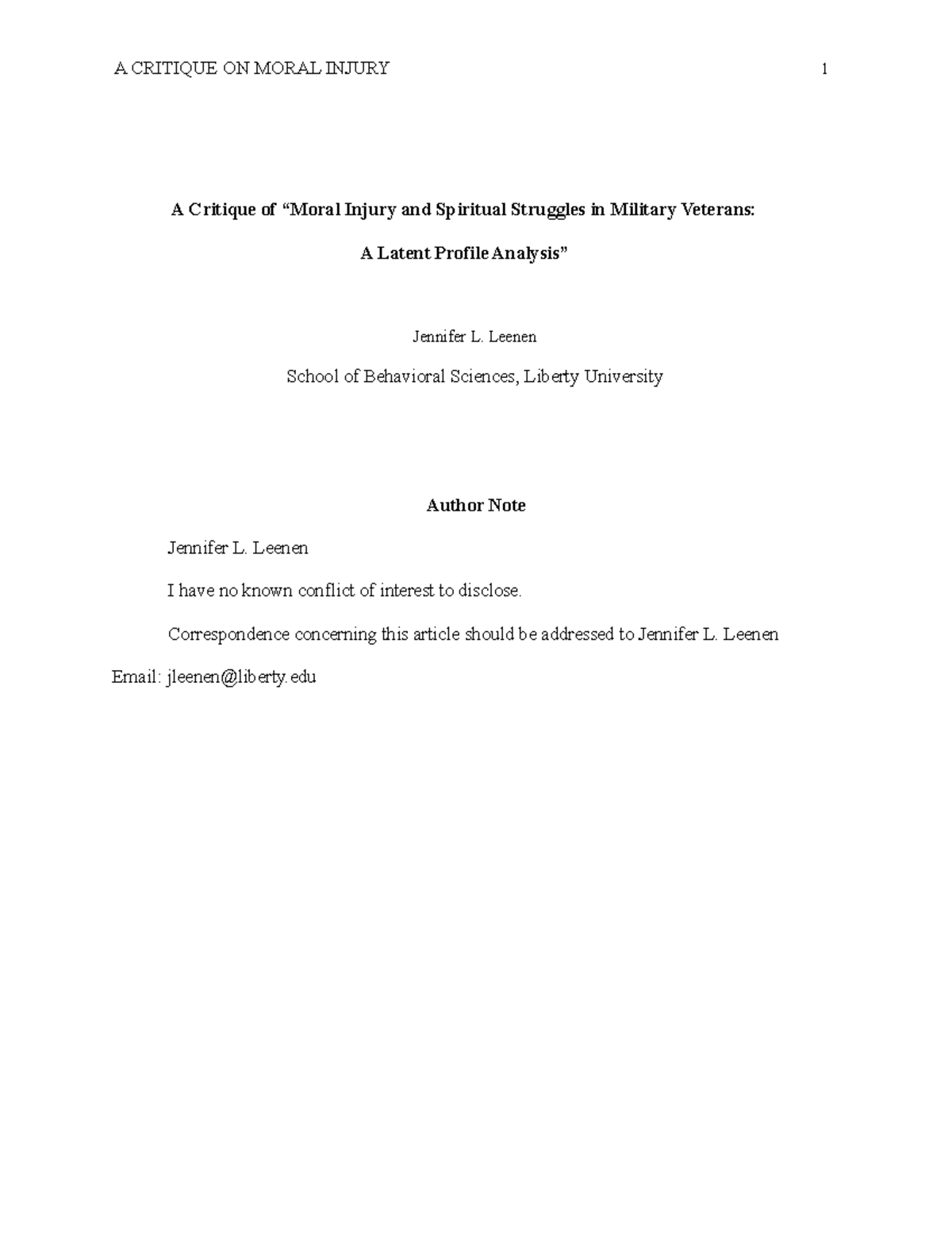 APA 7th Ed. Formatting Paper-4 - A CRITIQUE ON MORAL INJURY 1 A ...