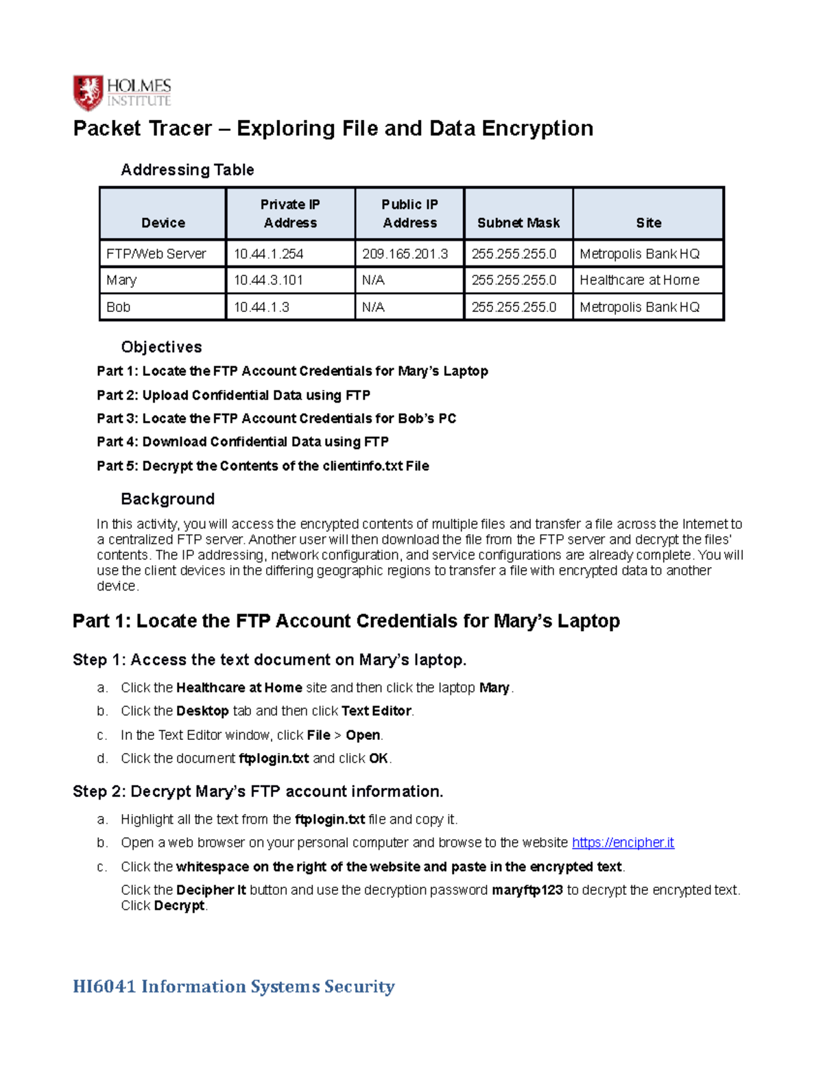 2526 Packet Tracer Exploring File And Data Encryption 1 Sunita Maam Addressing Table