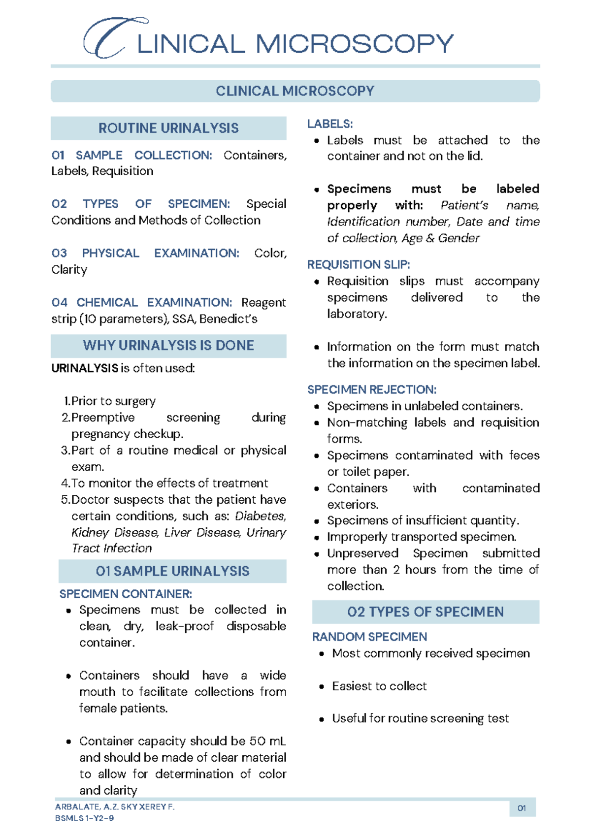 MLSP 112 Final Notes - C LINICAL MICROSCOPY CLINICAL MICROSCOPY ROUTINE ...