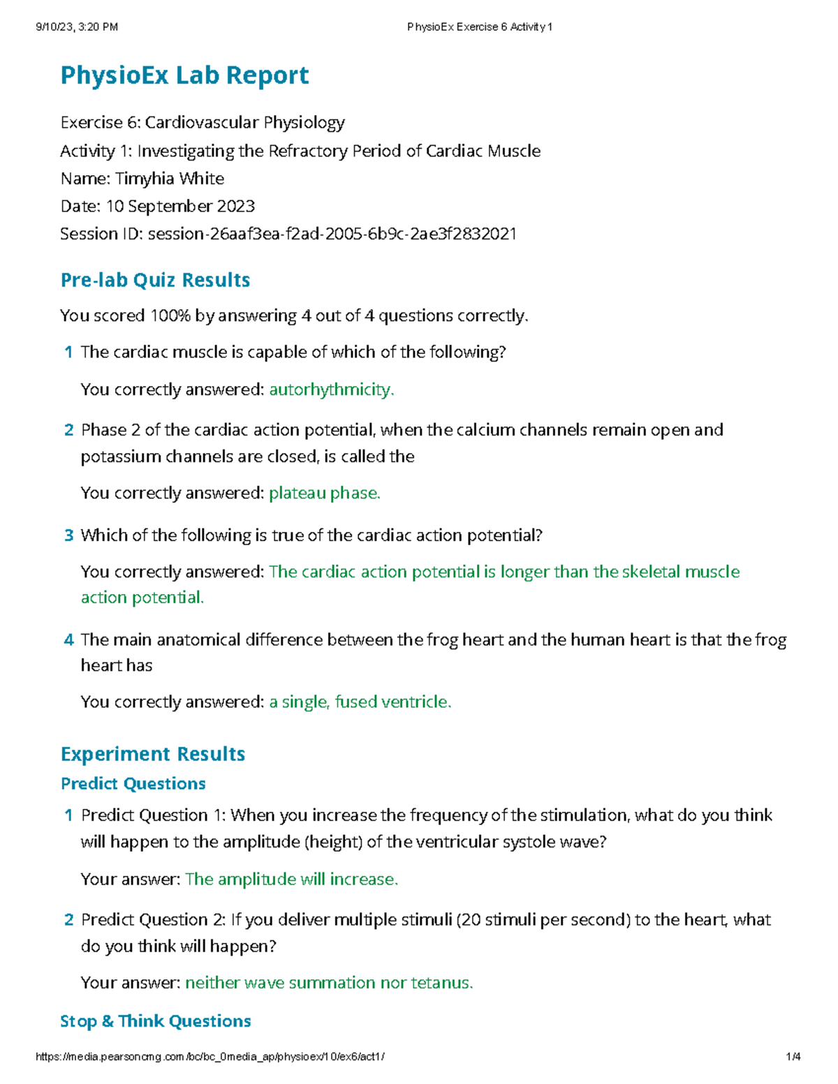 Activity 1 - A&P Lab - PhysioEx Lab Report Exercise 6 : Cardiovascular ...