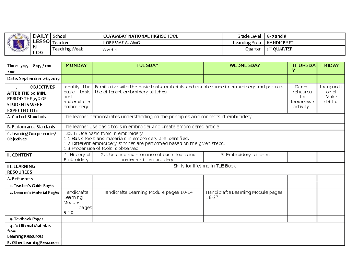 2ND Quarter TLE 1 - DLL IN TLE - DAILY LESSO N LOG School CUYAMBAY ...