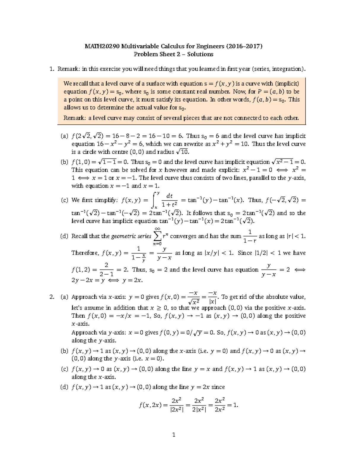 Math20290 Tutorial 2 - MATH20290 Multivariable Calculus for Engineers ...