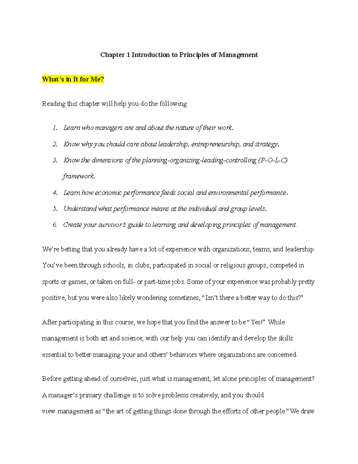 Chapter 1 Introduction to Principles of Management - Chapter 1 ...