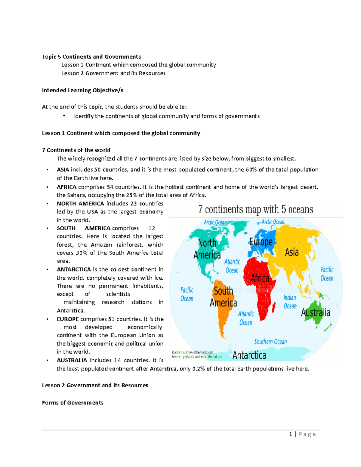 Topic III Continents and Governments - Topic 5 Continents and ...