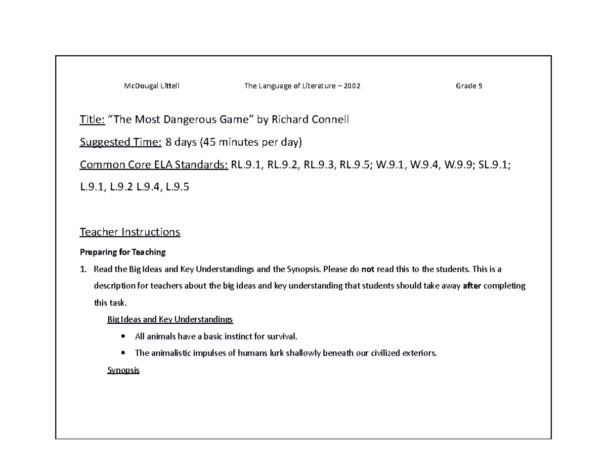 Grade 9 The Most Dangerous Game ML - Title: “The Most Dangerous Game ...