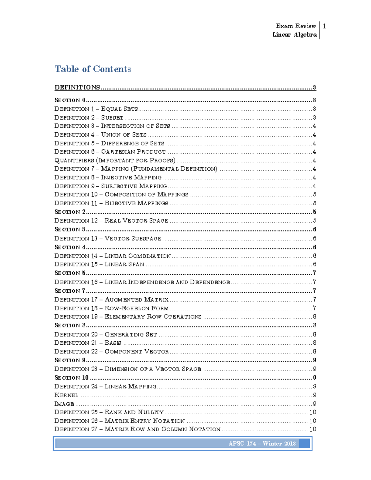 Summary - exam review - Exam Review Linear Algebra Table of Contents ...