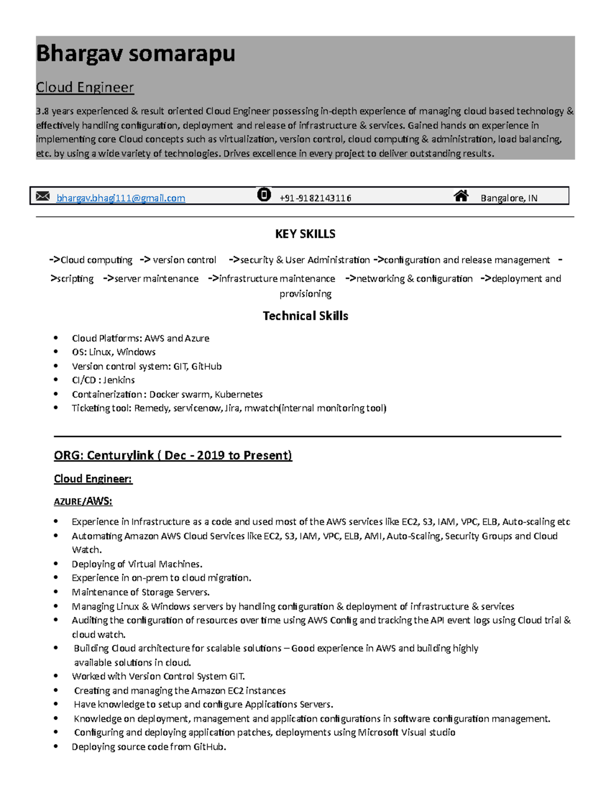Bhargav Resume A - Scrum Fundamentals - Bhargav somarapu Cloud Engineer 3 years experienced ...
