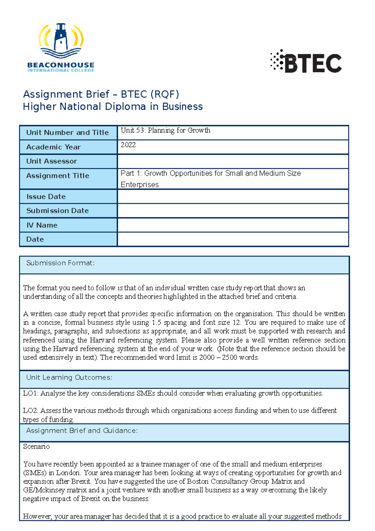 Unit 53 Planning for Growth Brief 1 - Assignment Brief – BTEC (RQF ...