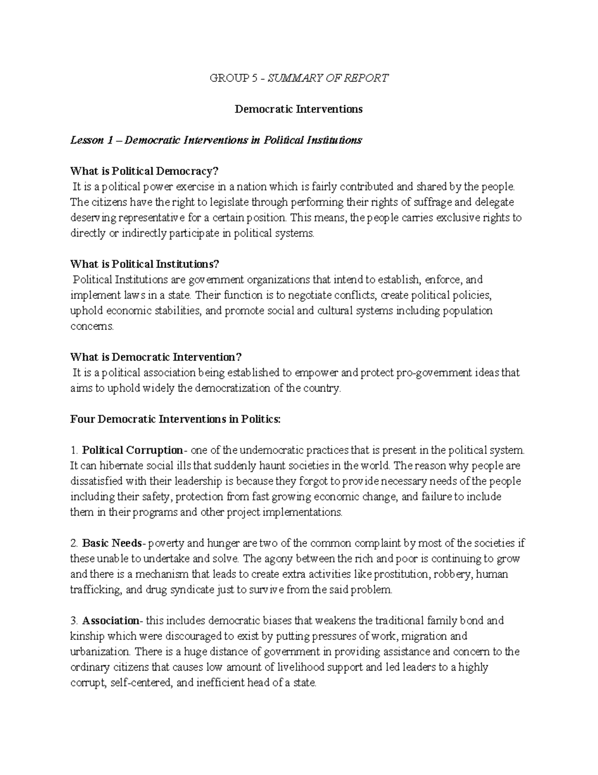 Group 5 Democratic Interventions Group 5 Summary Of Report